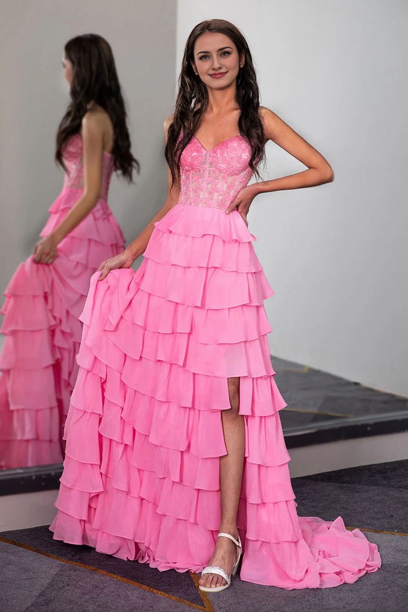 Multi Layer Strapless Prom Dress with Leaf Lace Corset Top With Train ...